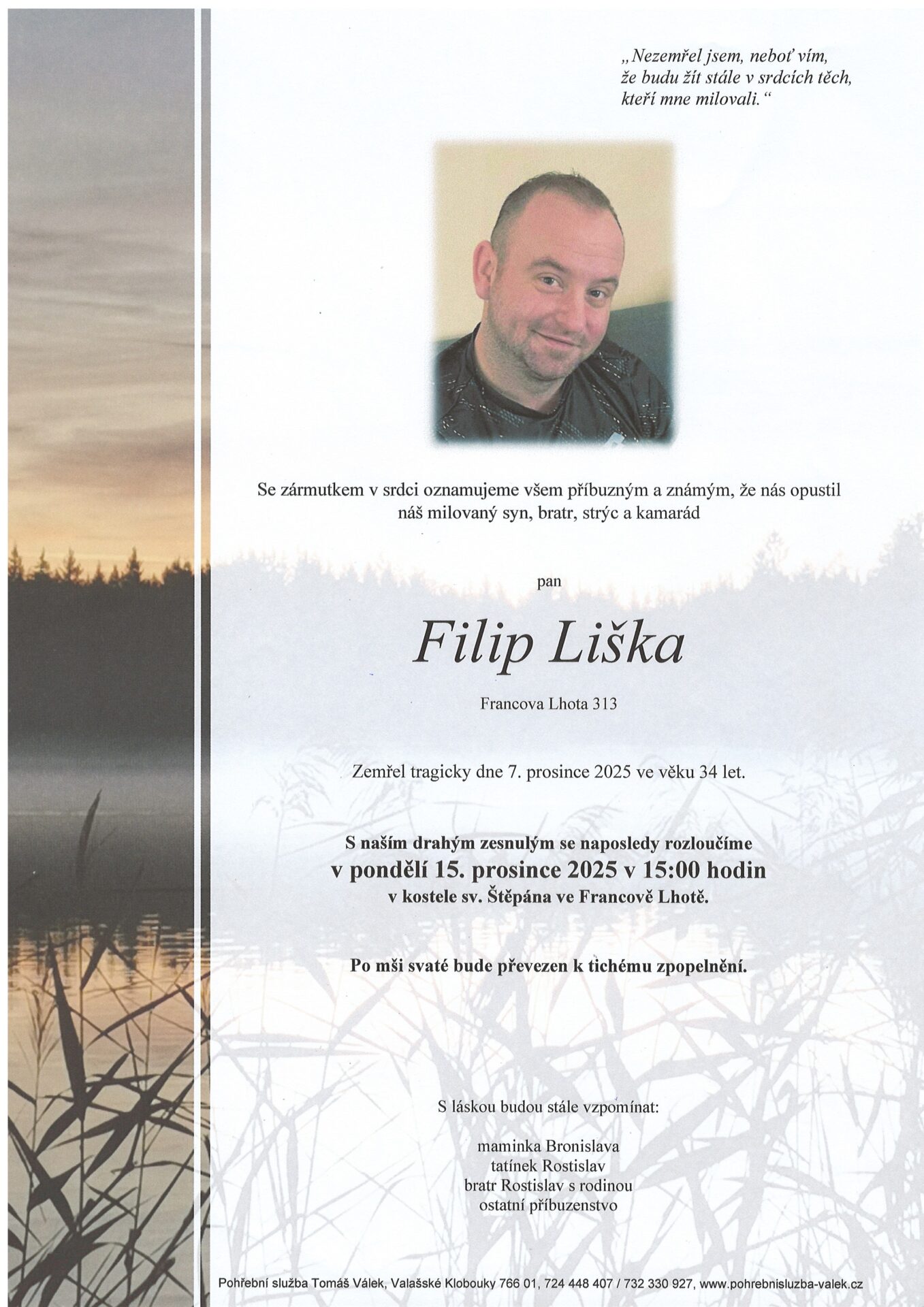 Smuteční oznámení pana Filipa Lišky - Francova Lhota
